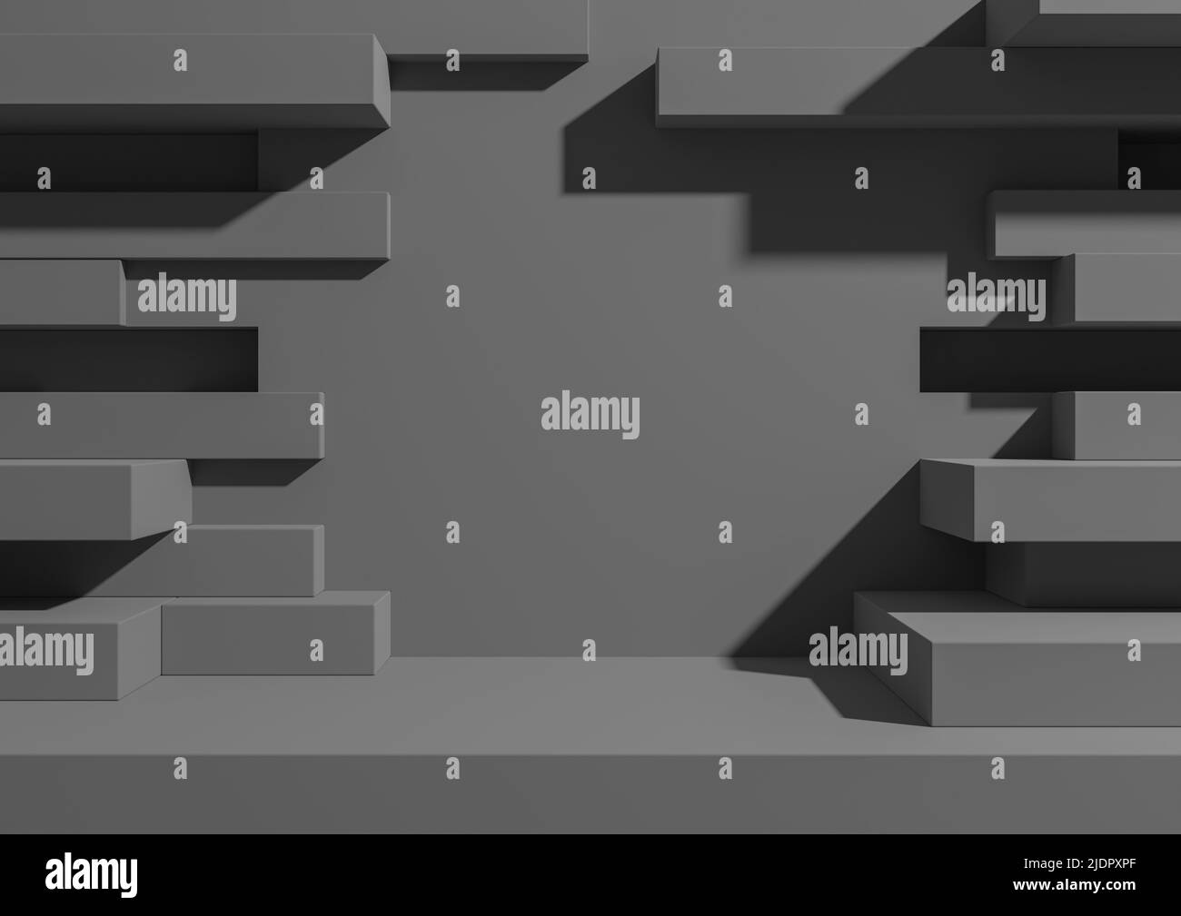 Dark graphite gray, black and white 3D rendering product display podium or stand with abstract ...