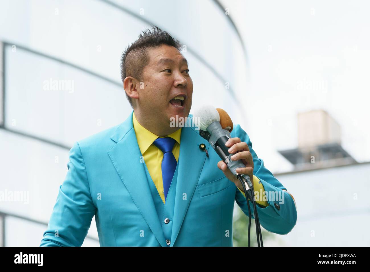 NHK party leader Takashi Tachibana makes a speech in front of NHK ...