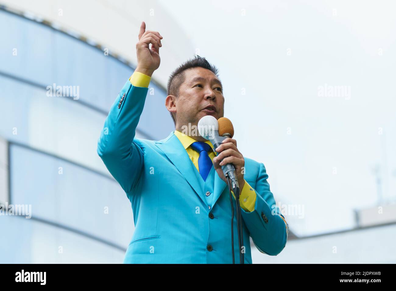 NHK party leader Takashi Tachibana makes a speech in front of NHK ...