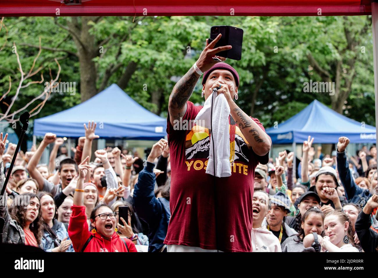 Montreal, Canada. 21st June, 2022. Drezus, a Muskowekwan, performs in ...