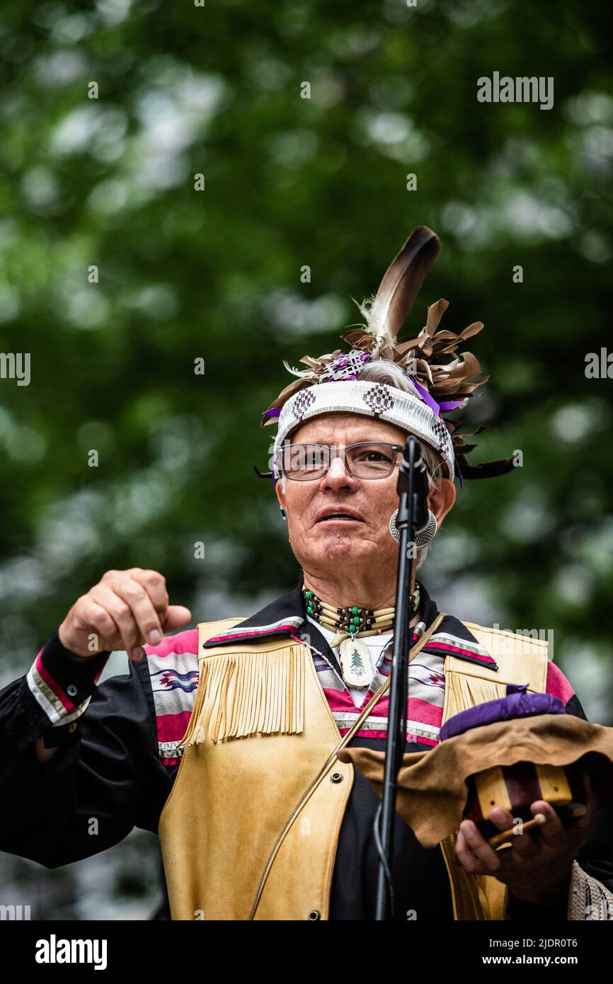Montreal, Canada. 21st June, 2022. Ka'nahsÛhon "Kevin" Deer, a Mohawk ...