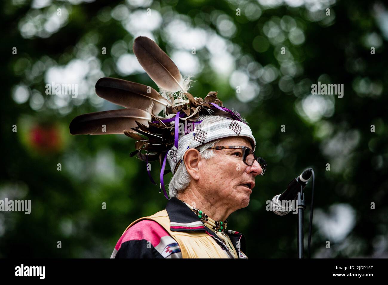 Montreal, Canada. 21st June, 2022. Ka'nahsÛhon "Kevin" Deer, a Mohawk ...