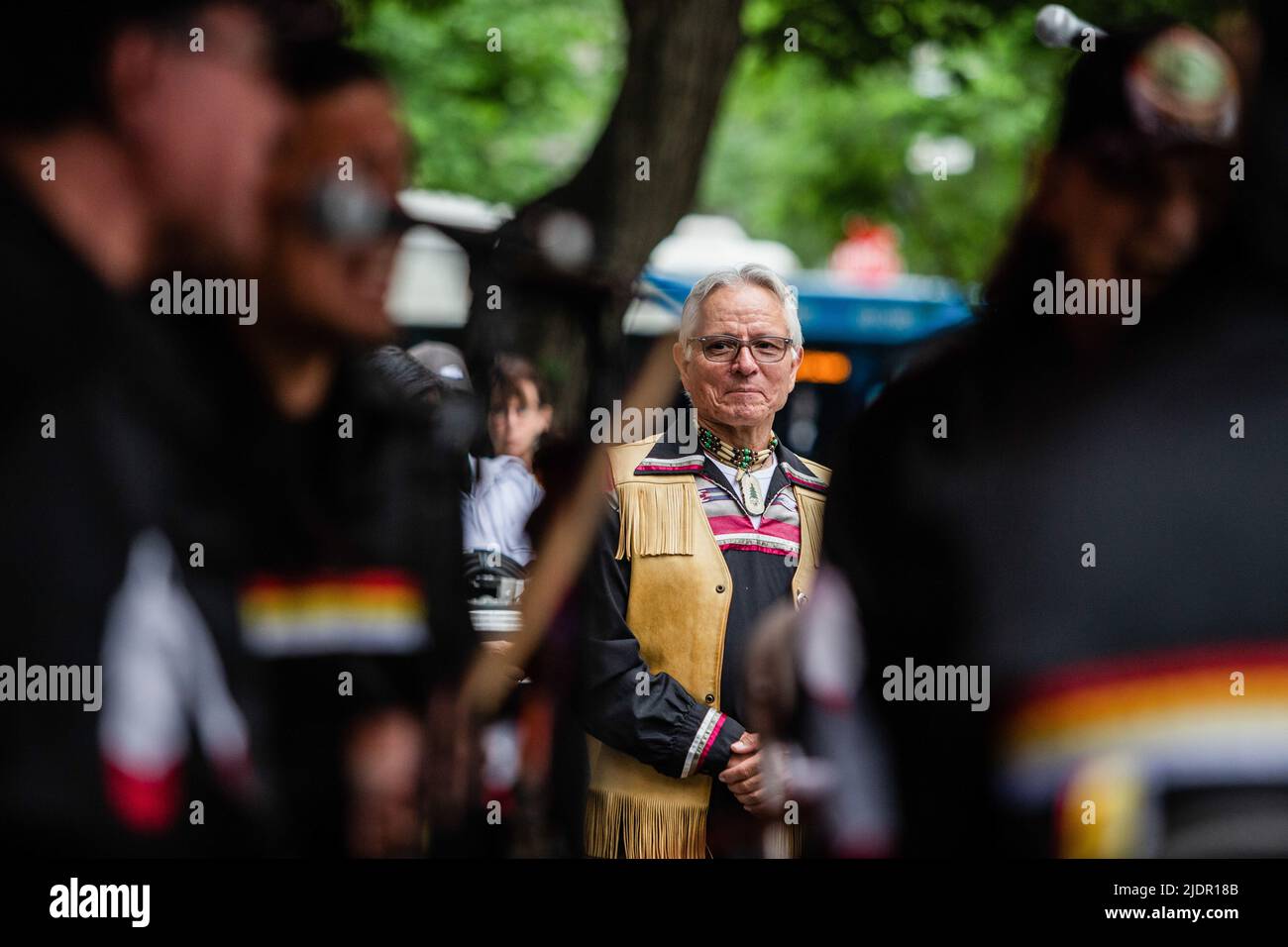 Montreal, Canada. 21st June, 2022. Ka'nahsÛhon "Kevin" Deer, a Mohawk ...