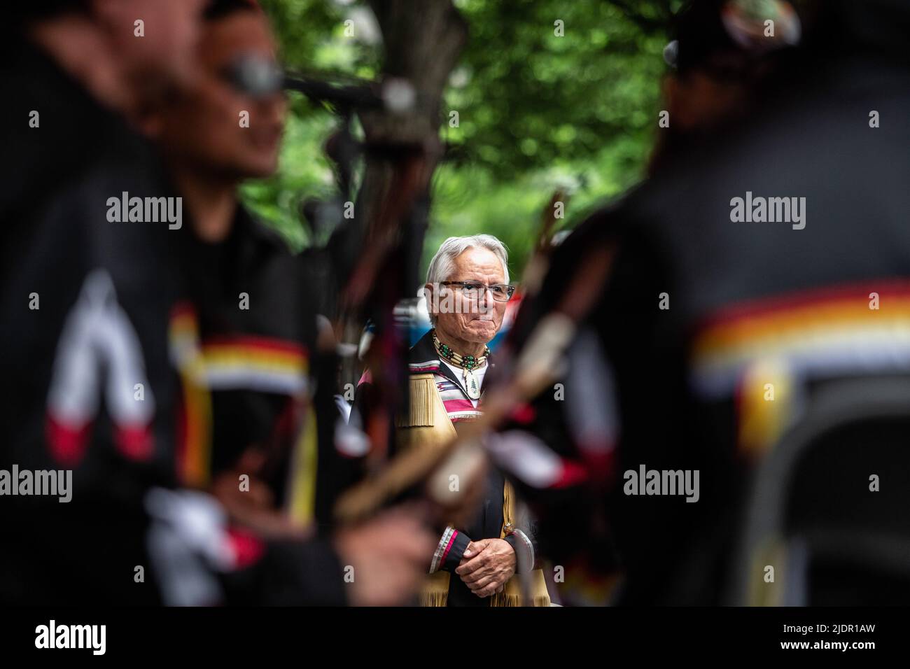 Ka'nahsÛhon "Kevin" Deer, a Mohawk Faithkeeper from Kahnawake, stands ...