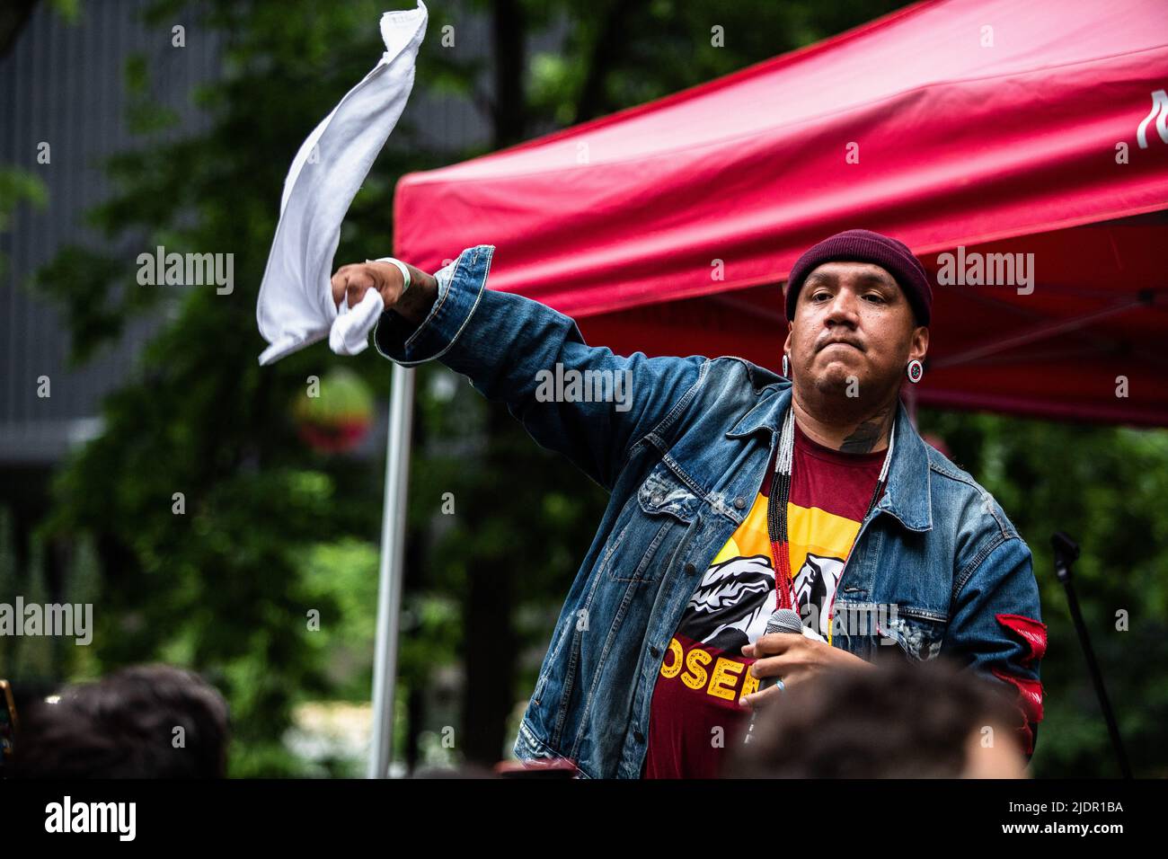 Montreal, Canada. 21st June, 2022. Drezus, a Muskowekwan, performs in ...