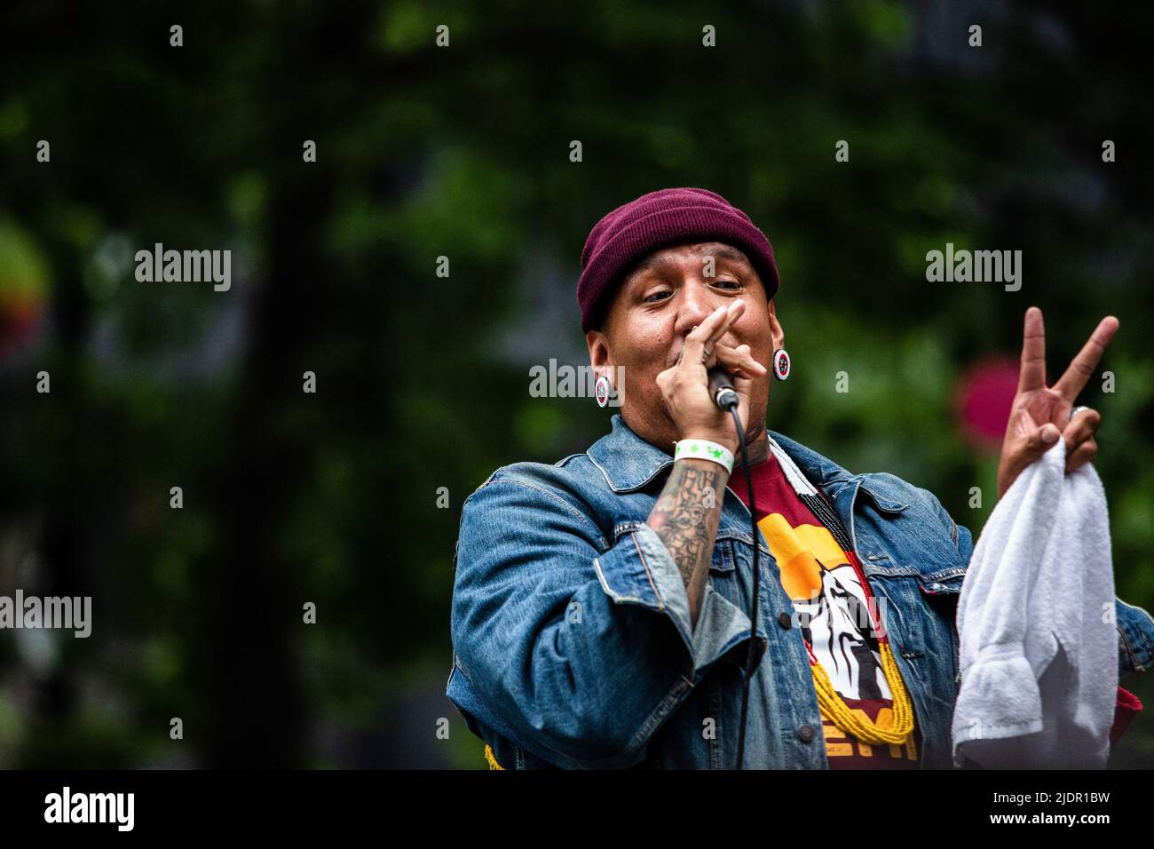 Montreal, Canada. 21st June, 2022. Drezus, a Muskowekwan, performs in ...