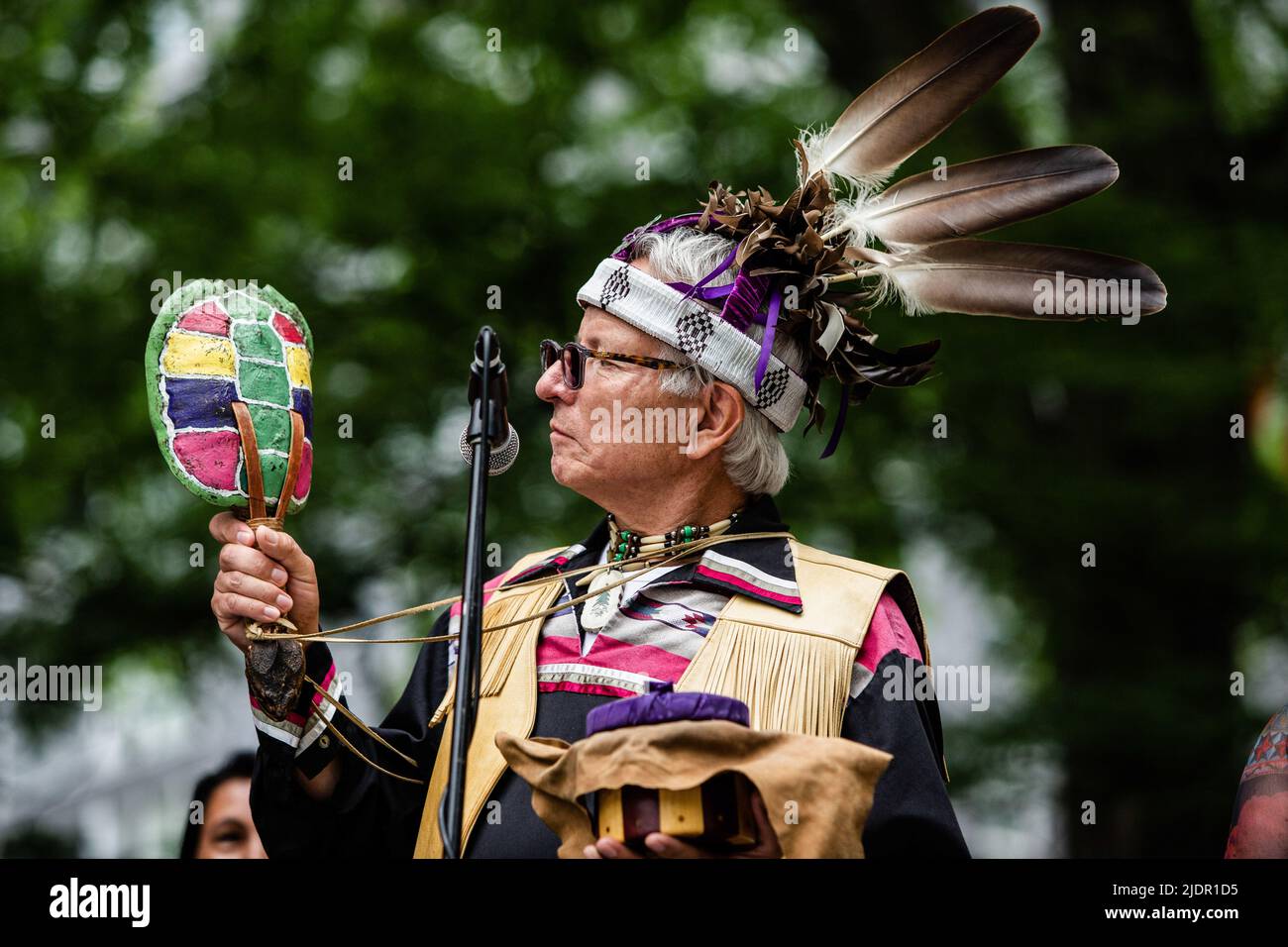 Montreal, Canada. 21st June, 2022. Ka'nahsÛhon "Kevin" Deer, a Mohawk ...