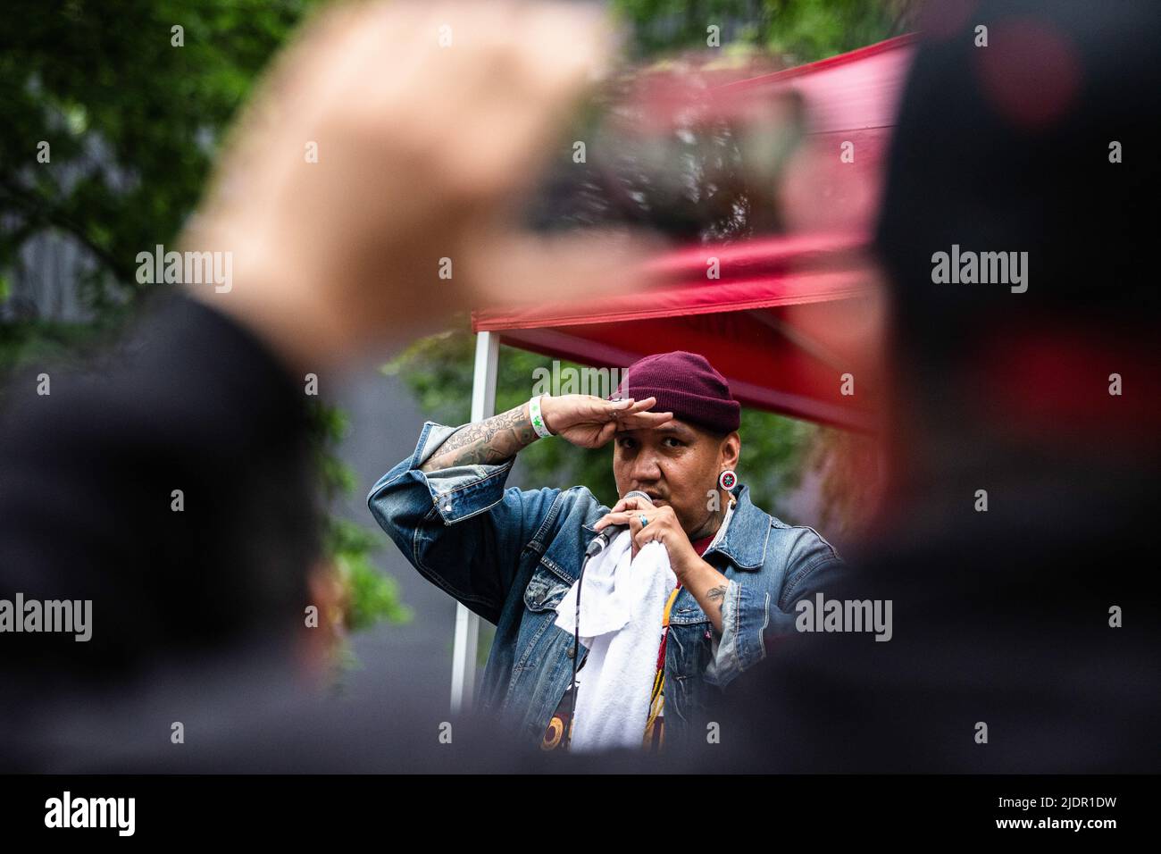 Montreal, Canada. 21st June, 2022. Drezus, a Muskowekwan, performs in ...
