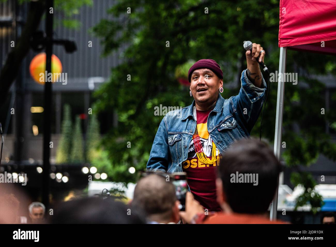 Montreal, Canada. 21st June, 2022. Drezus, a Muskowekwan, performs in ...