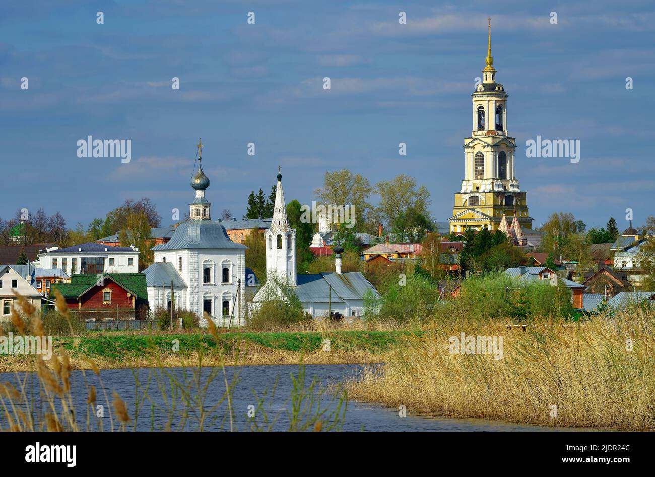 Panorama of Suzdal by the river. Epiphany Church, bell tower of the ...