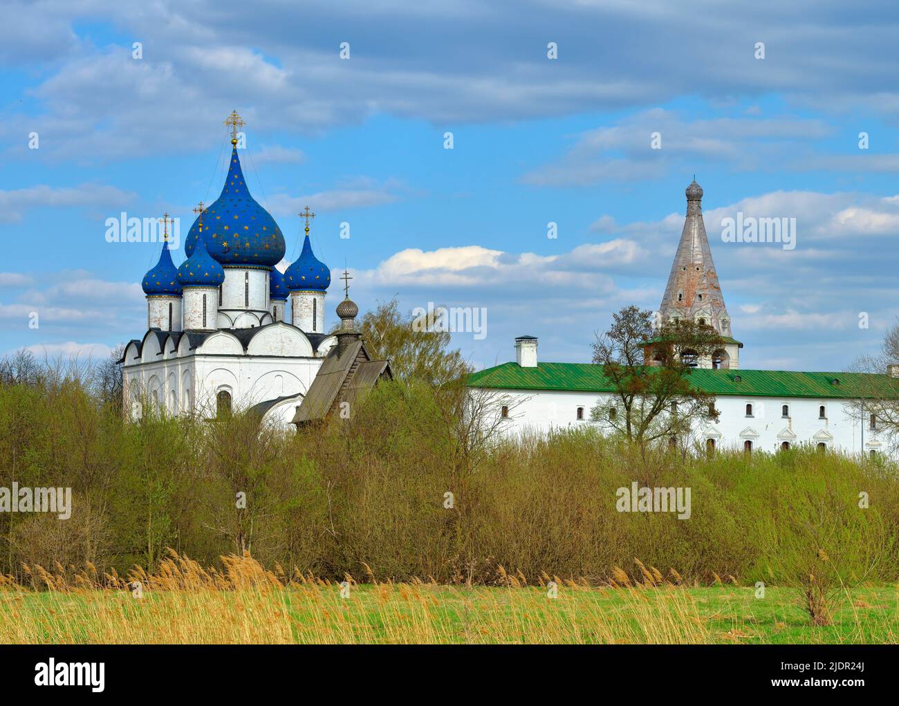 The Suzdal Kremlin on the river bank. Domes of the Nativity Cathedral ...