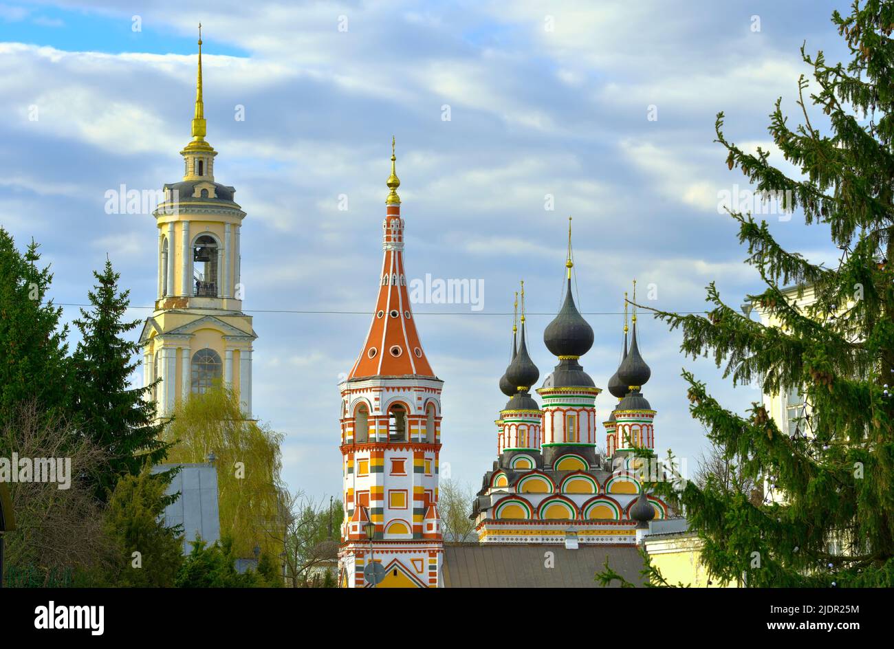 Lazarus Church in Suzdal. The domes of the temple with a bell tower of ...