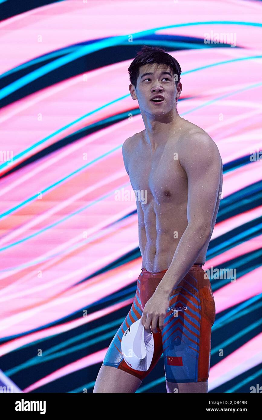 Budapest, Hungary. 22nd June, 2022. Pan Zhanle of China reacts after ...