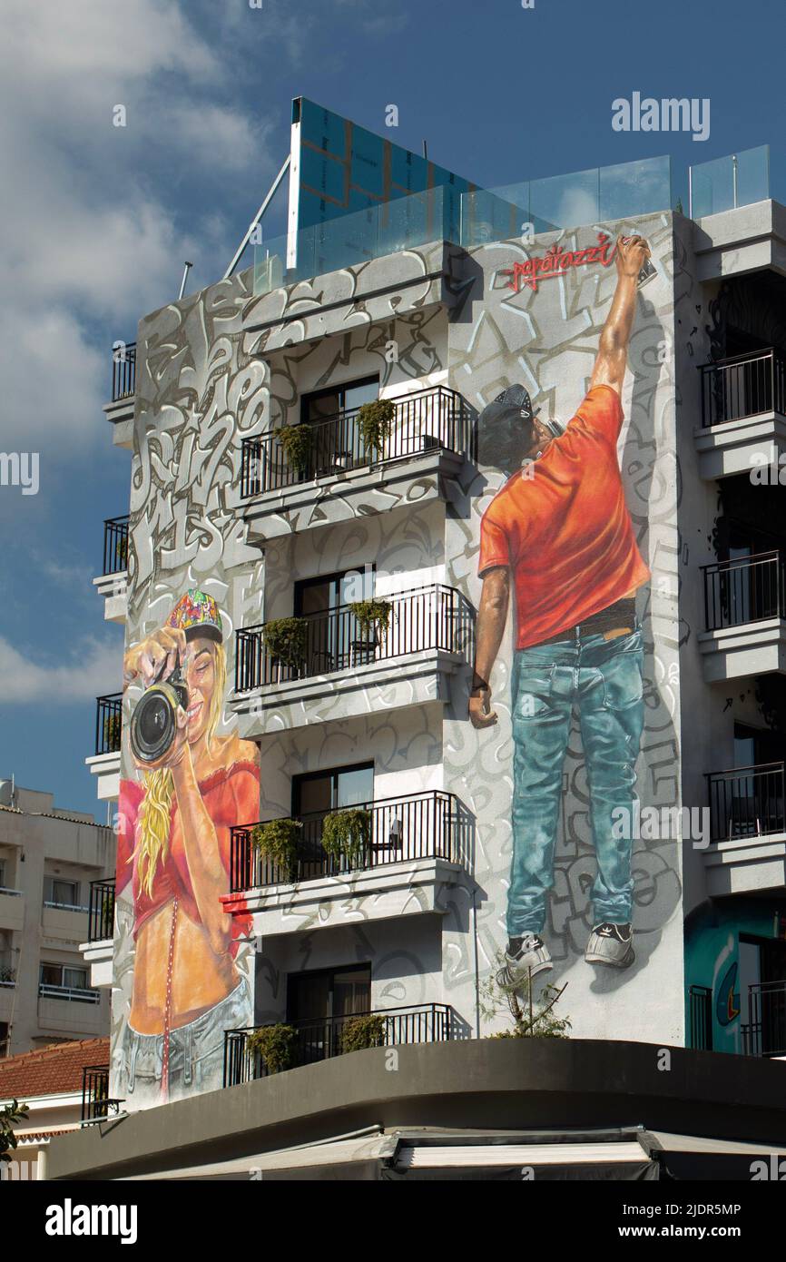 Larnaca, Cyprus - December 25, 2021: Modern art on the facade building ...