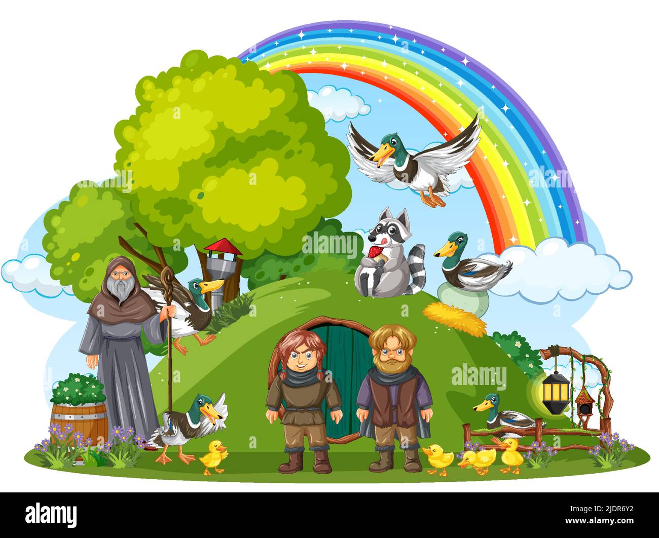 Magic land with medieval cartoon characters illustration Stock Vector ...