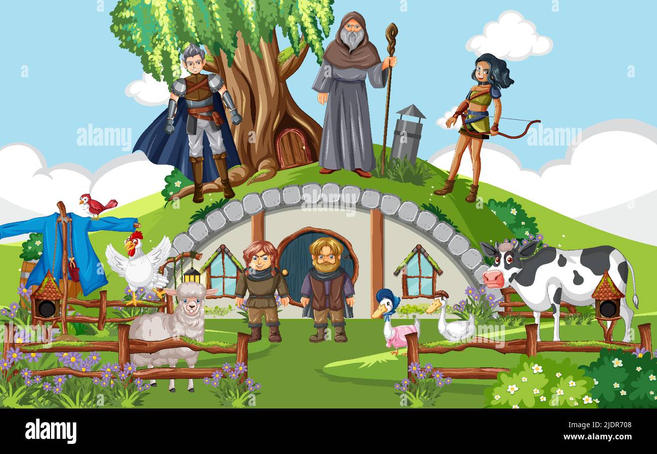 Enchanted scene with medieval cartoon characters illustration Stock ...