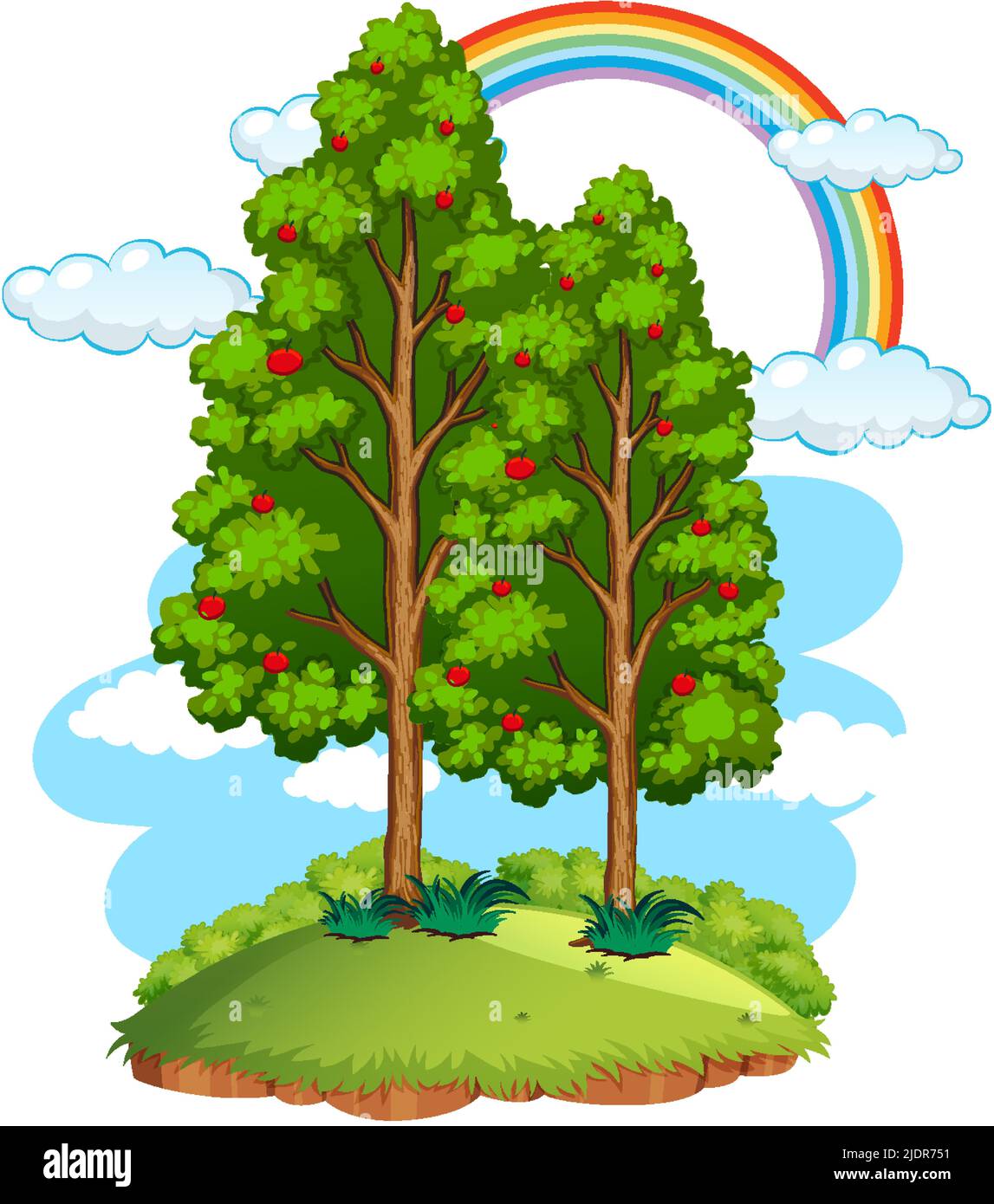 Apple tree in nature with rainbow in the sky illustration Stock Vector ...