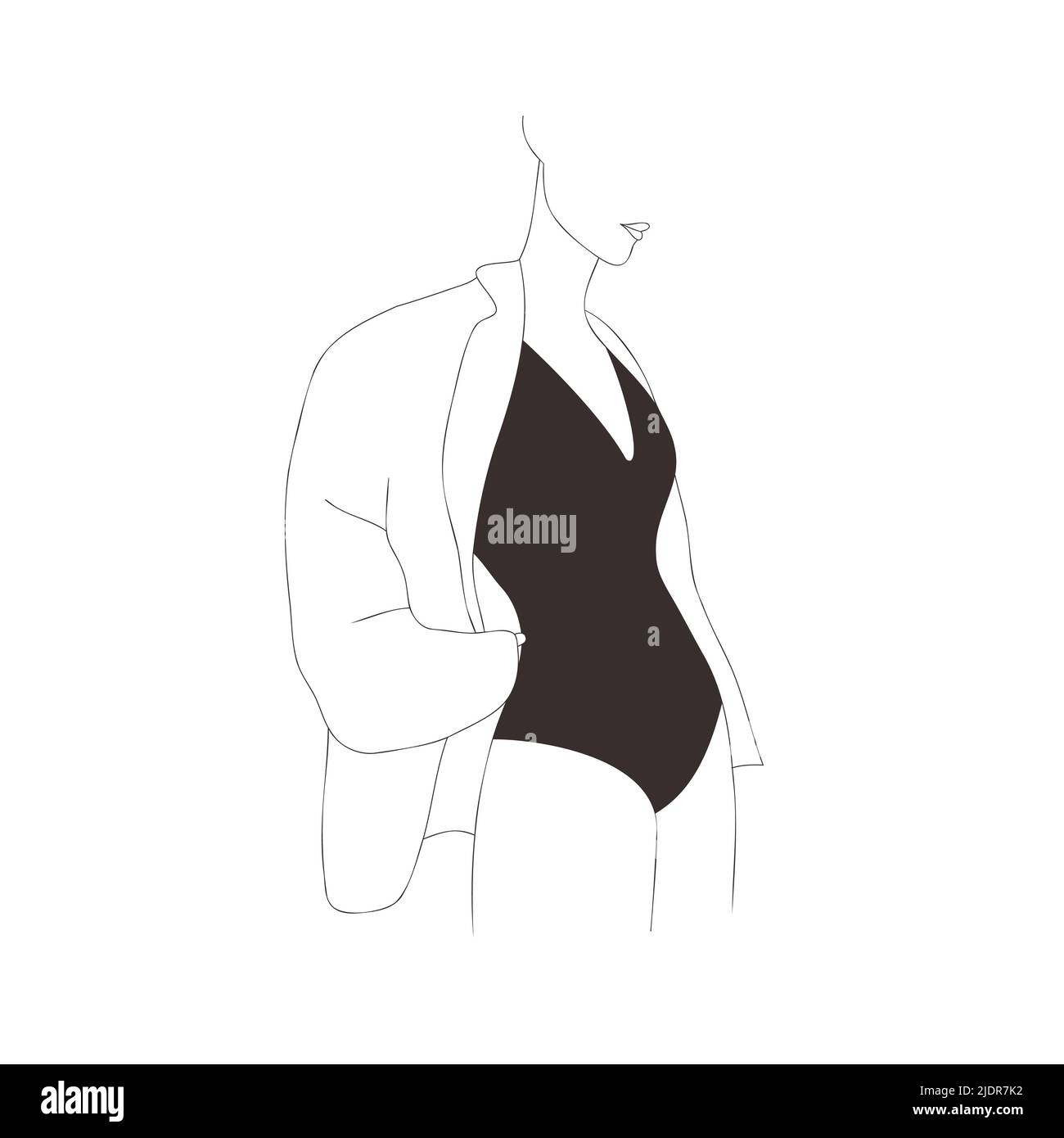 Linear female figure. Elegant faceless lady in black bodysuit. Graceful ...