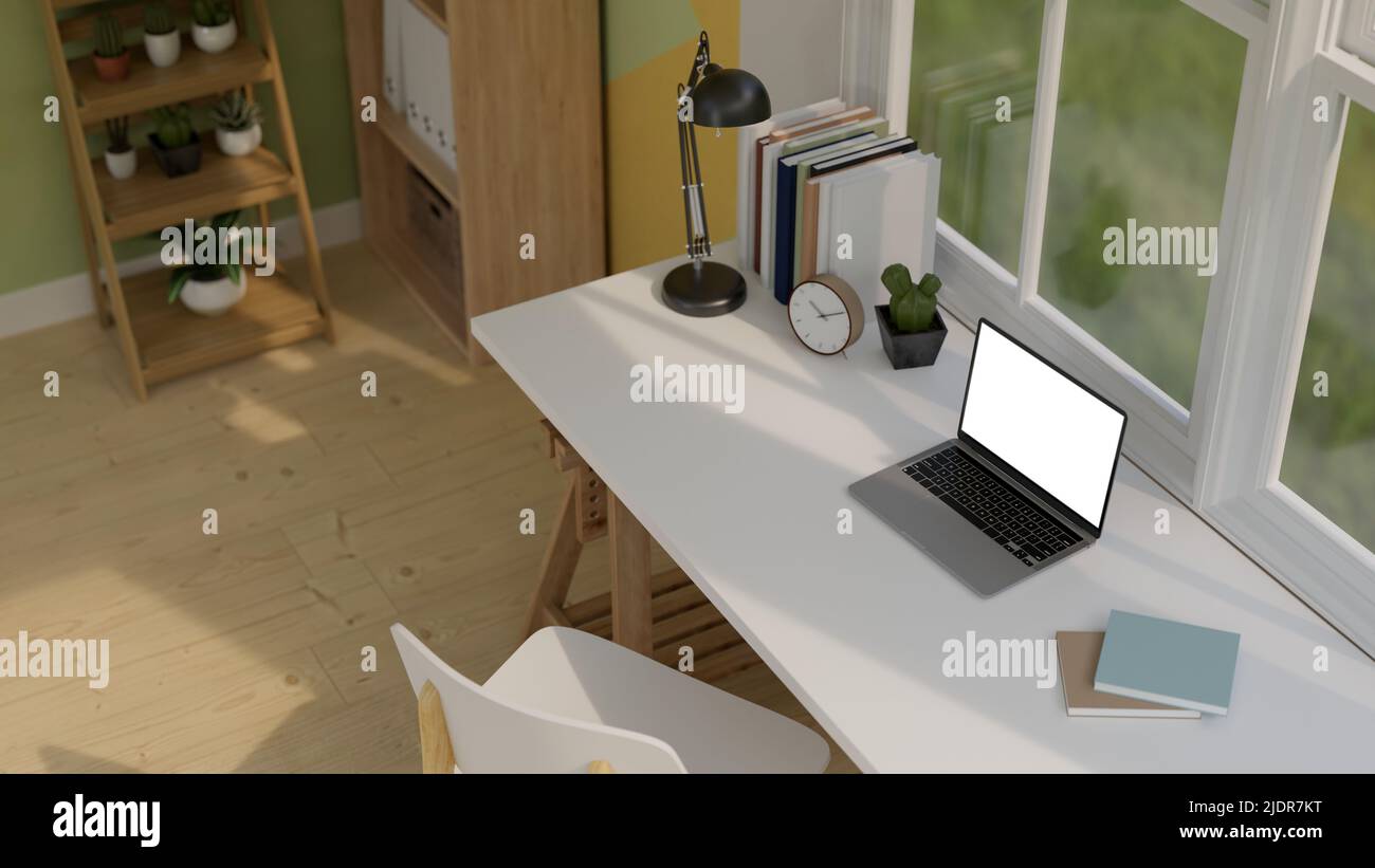 Overhead view, Minimal Scandinavian home office room interior with ...