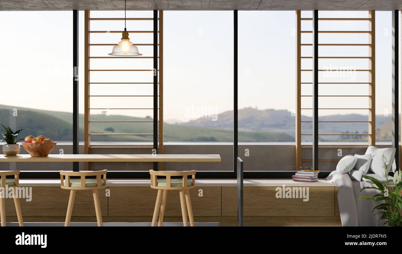 Modern comfortable home living room interior design with wooden dining ...