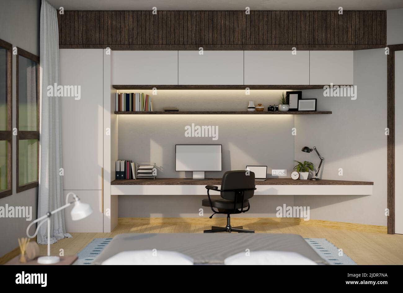 Home workplace in modern spacious bedroom interior design with PC ...