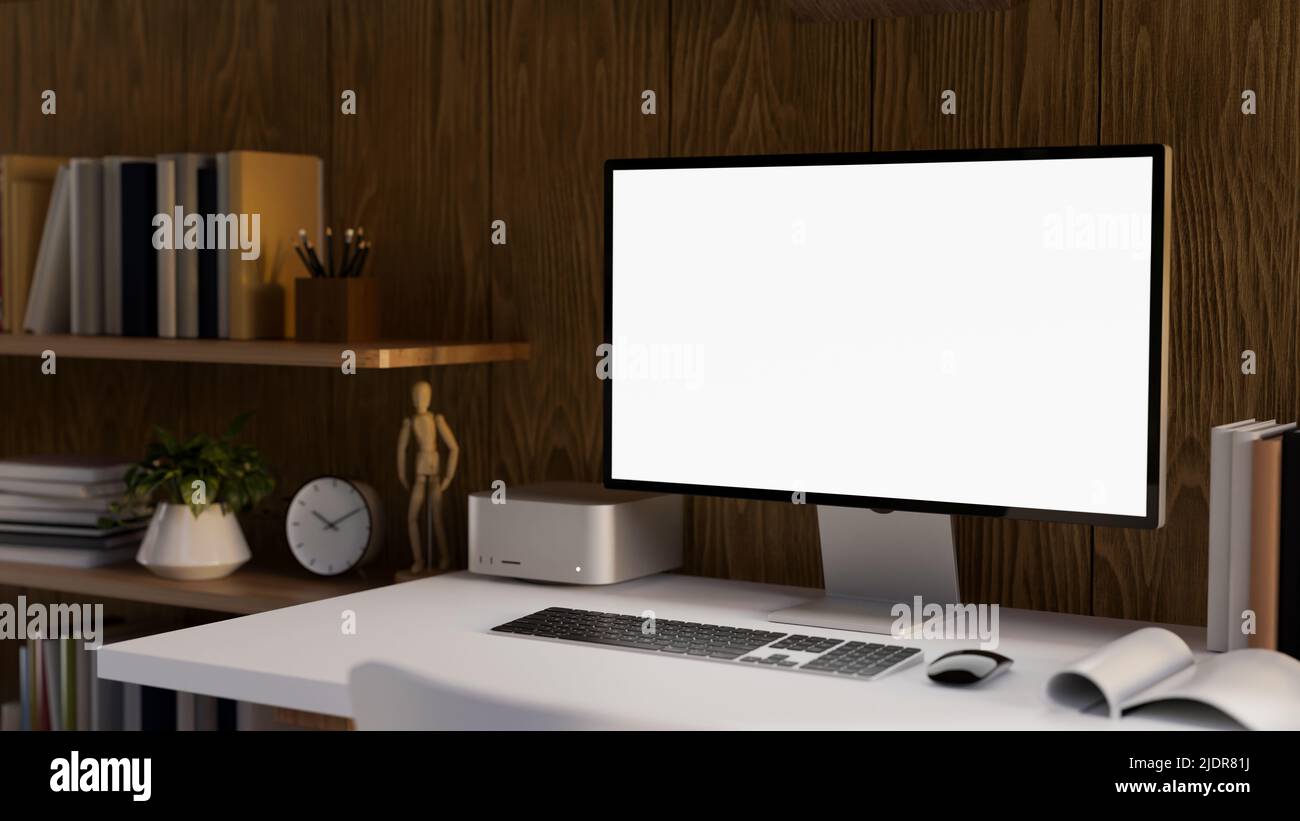 Modern vintage home workspace interior design with pc computer blank ...