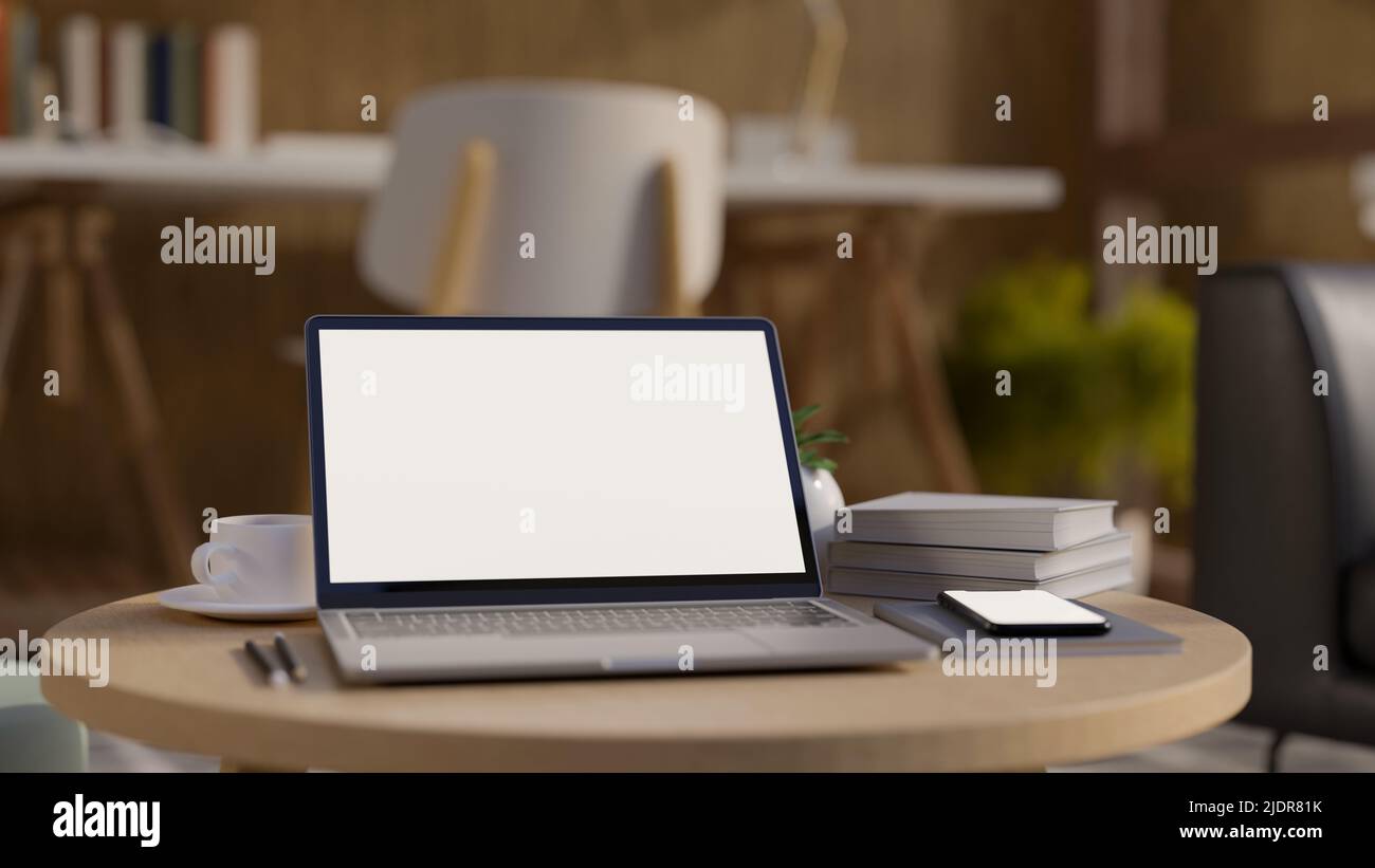 Portable workspace with portable notebook laptop computer white screen ...