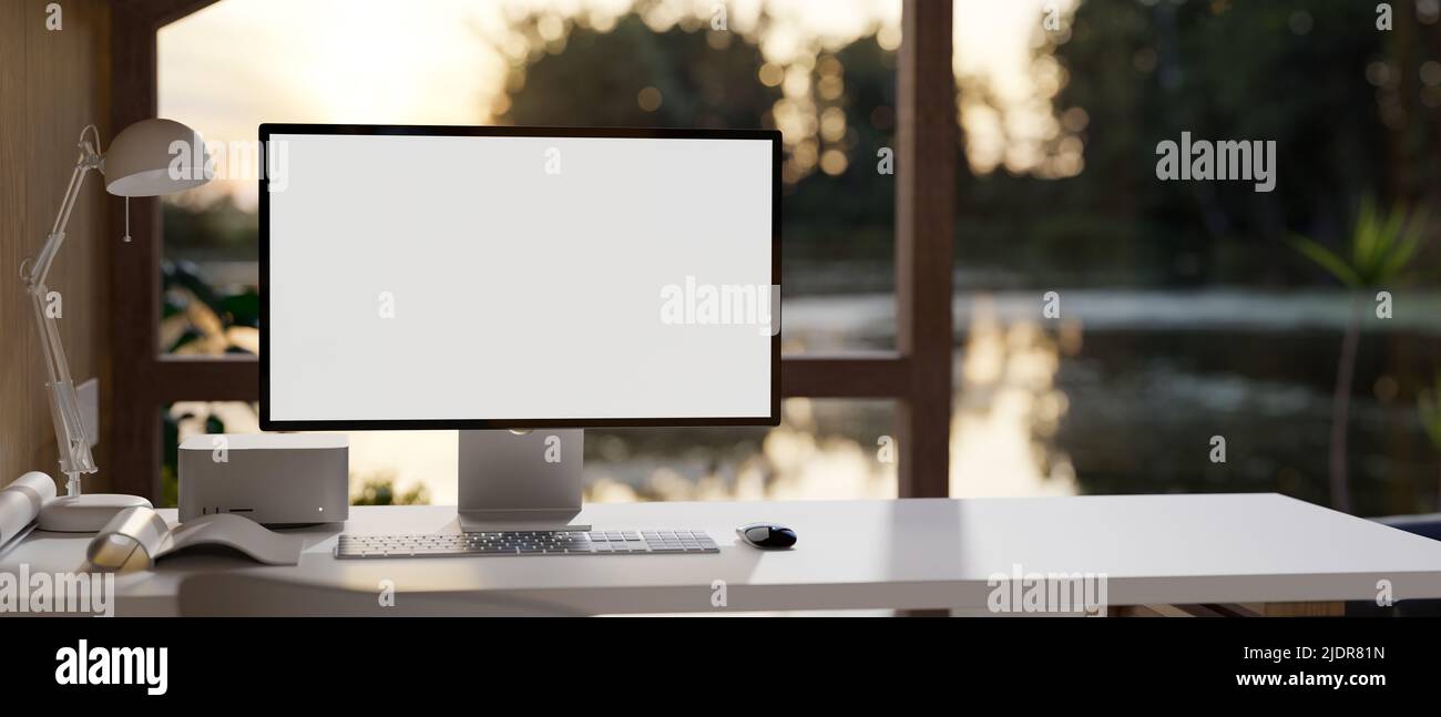 Modern home workplace interior design with PC computer desktop mockup ...