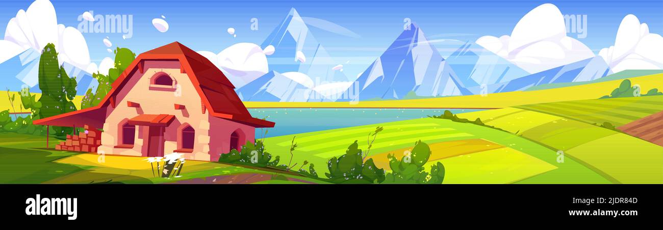 Summer landscape with lake, agriculture fields, rustic house and ...