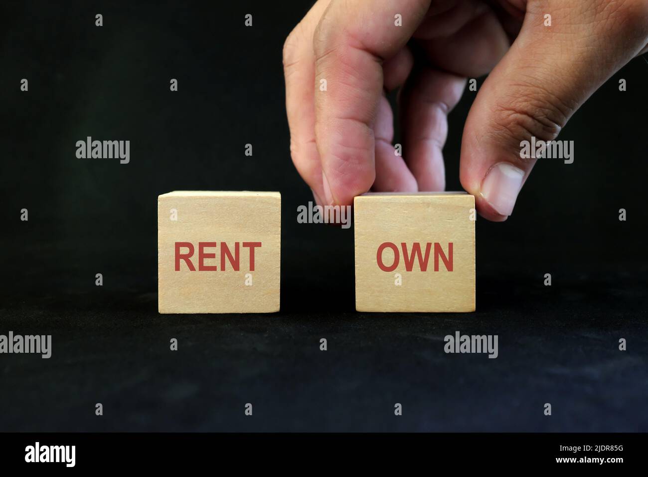 Rent versus own and ownership concept. Hand choosing word own over rent ...