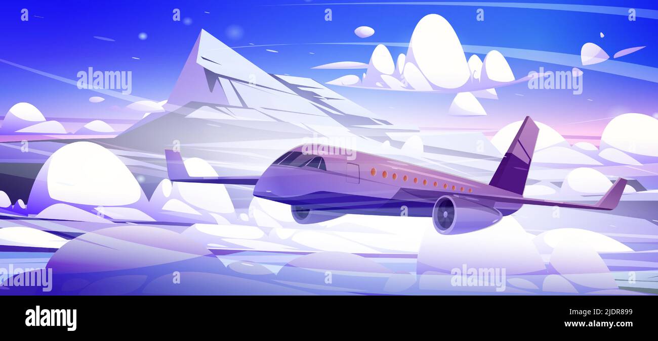 Plane fly above white fluffy clouds near mountain with snow. Concept of ...