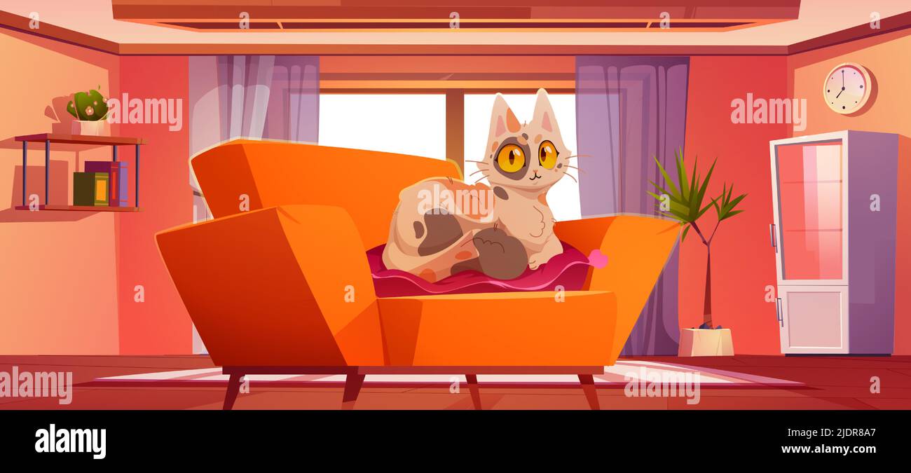 Living room with cute cat lying on pillow on sofa. Vector cartoon ...