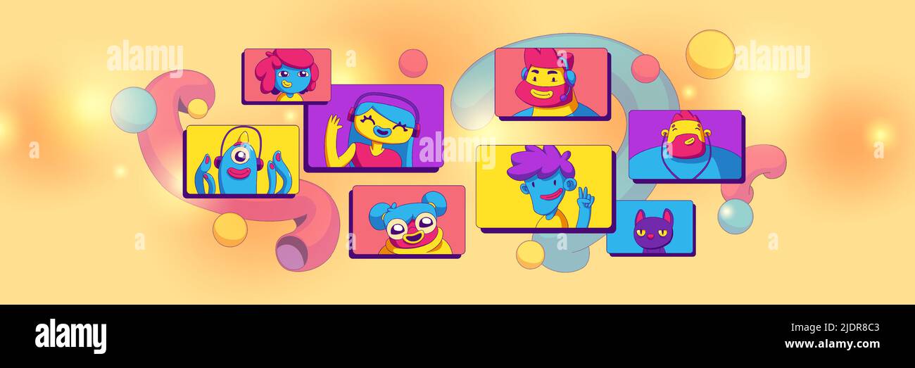 Characters video conference, cartoon people, animals and fantasy ...