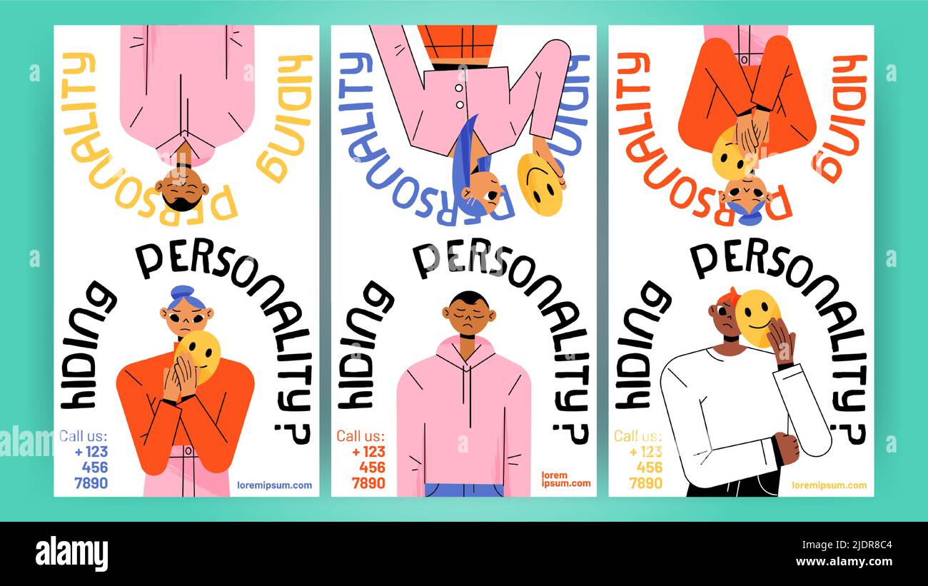 Hiding personality banners with sad people disguise faces behind of ...