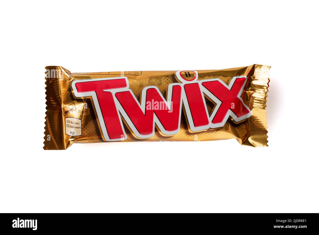 Chocolate bar Twix on a white background, top view Stock Photo - Alamy