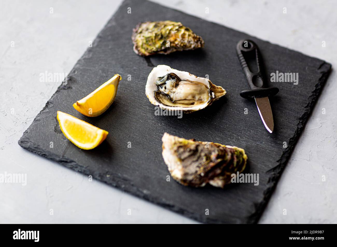 Fresh opened Oysters close-up on gray concrete background with sliced ...