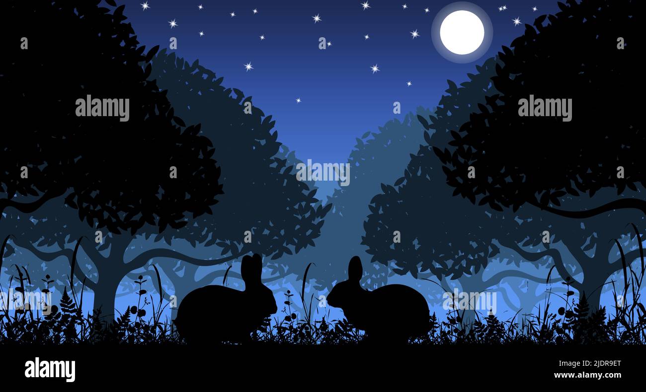 Vector silhouette of rabbits in nature at night. Vector illustration ...