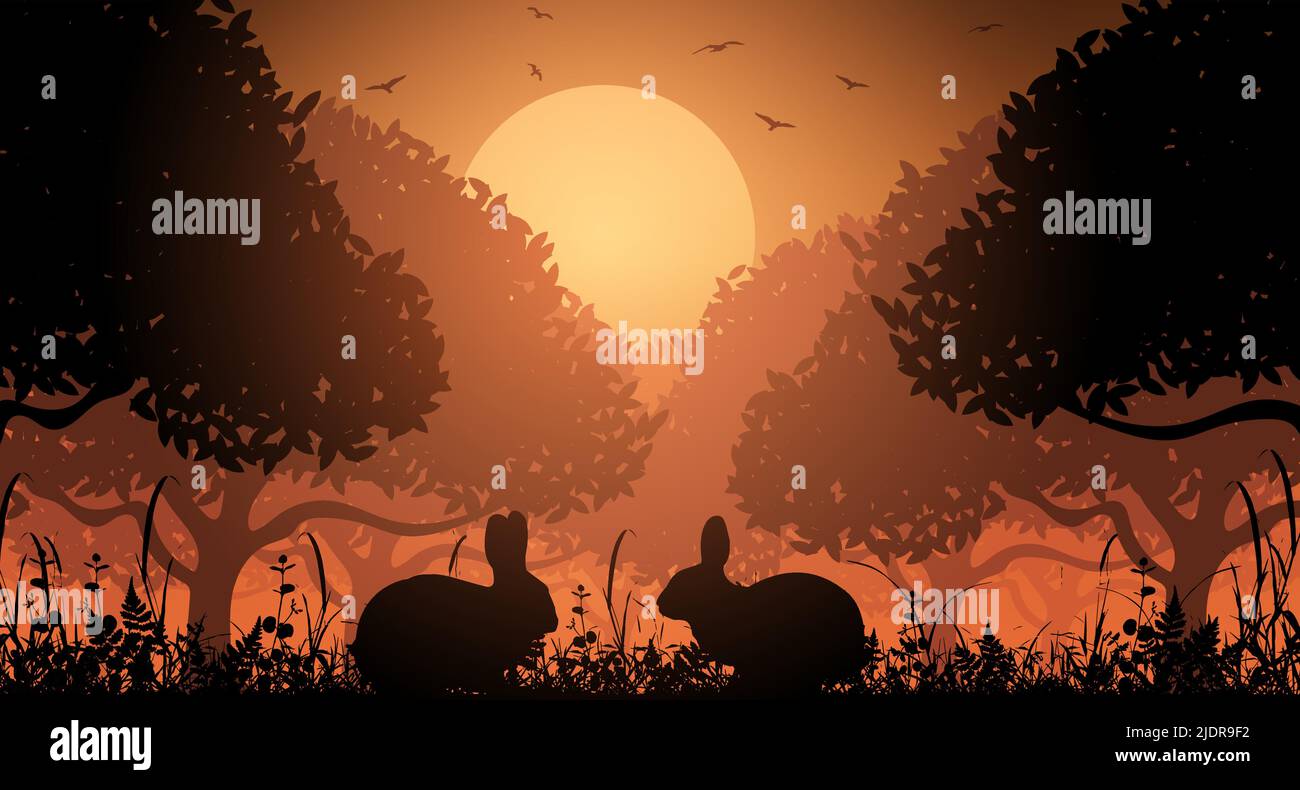 Vector silhouette of rabbits in nature at sunset. Vector illustration ...
