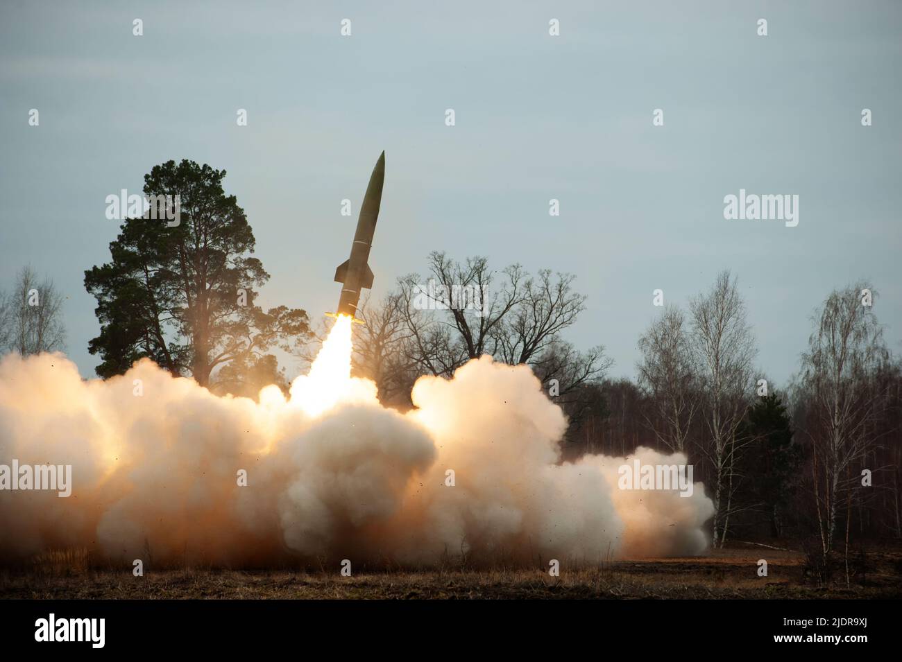 Fire, clouds of smoke and dust during rocket launching. Sequence of 6 ...