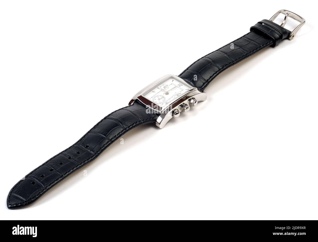 Rectangular men's watch with a black leather strap on a white ...