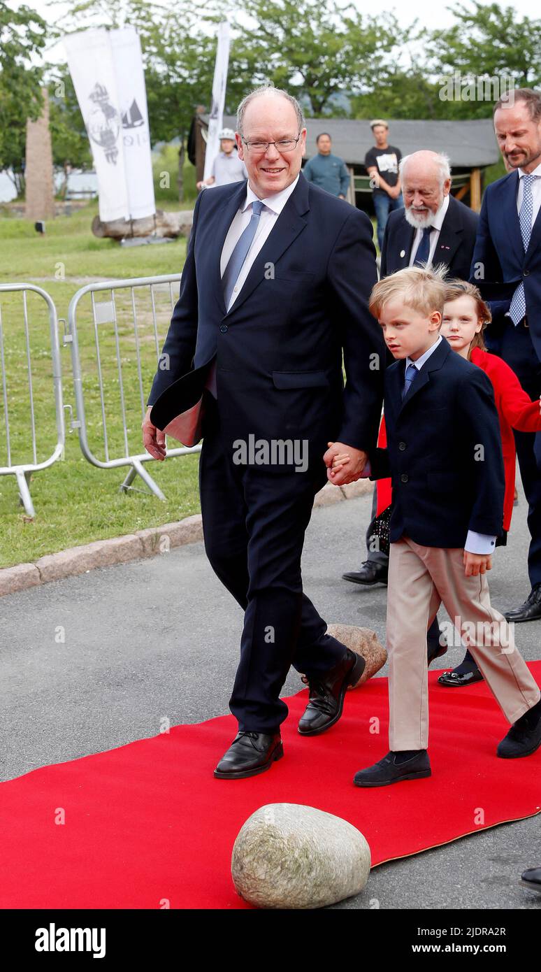 Prince Albert II of Monaco and his son Jacques attend the opening of ...
