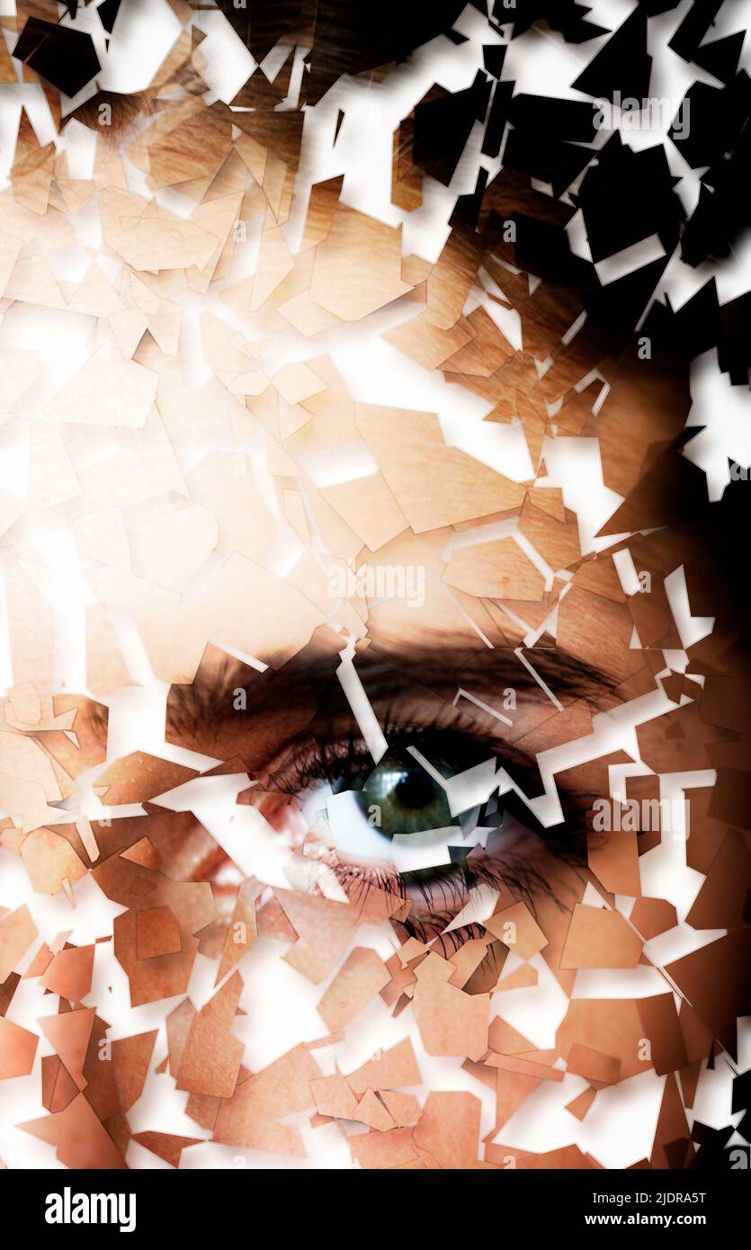 woman face decomposing in fragments, psyche and identity concept Stock ...