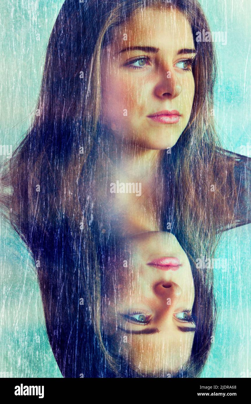 portrait artistic of a brunette teenager girl with symmetrical effect ...
