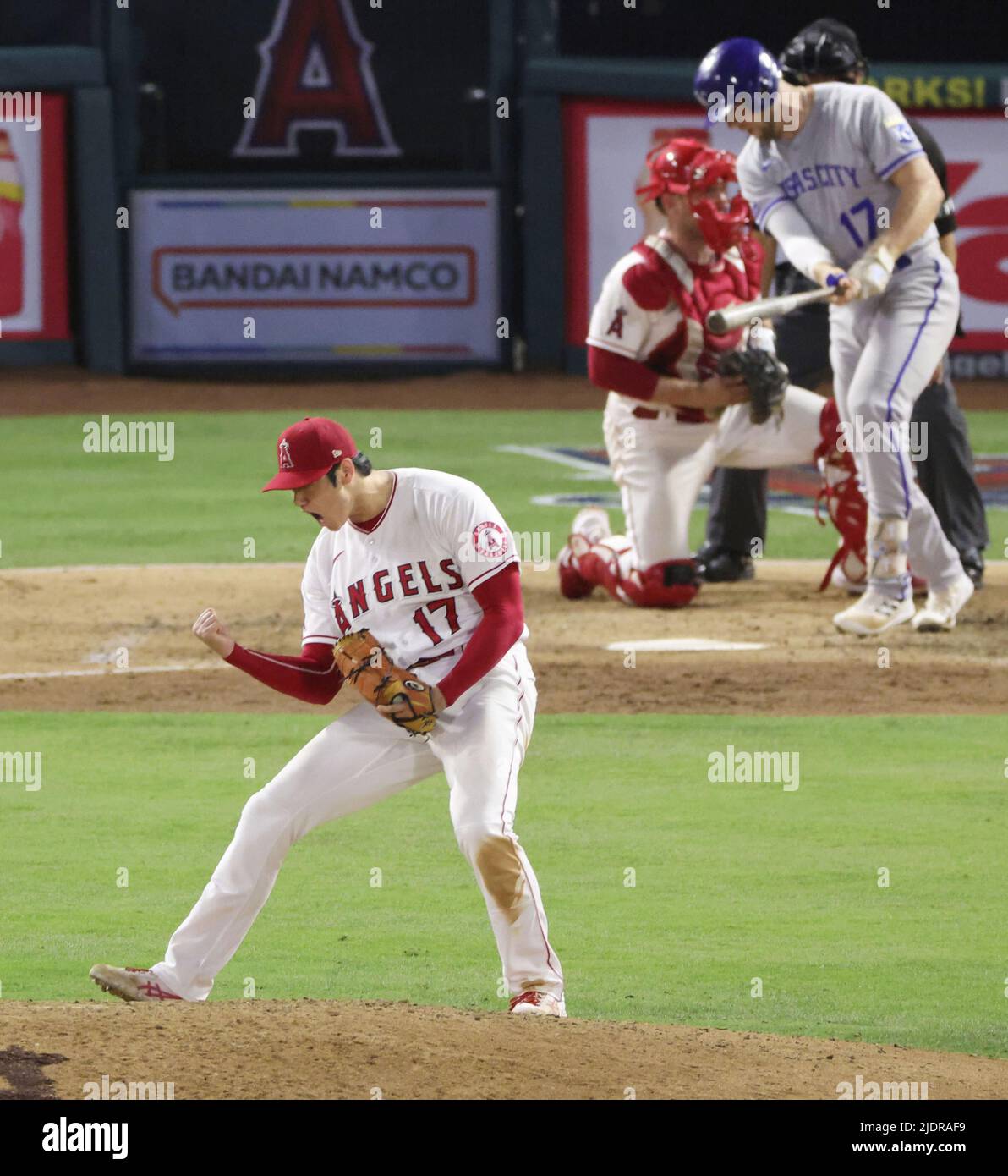 Los Angeles Angels pitcher Shohei Ohtani reacts after striking out ...