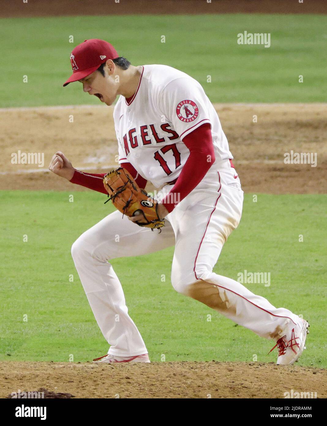 Los Angeles Angels pitcher Shohei Ohtani reacts after striking out ...