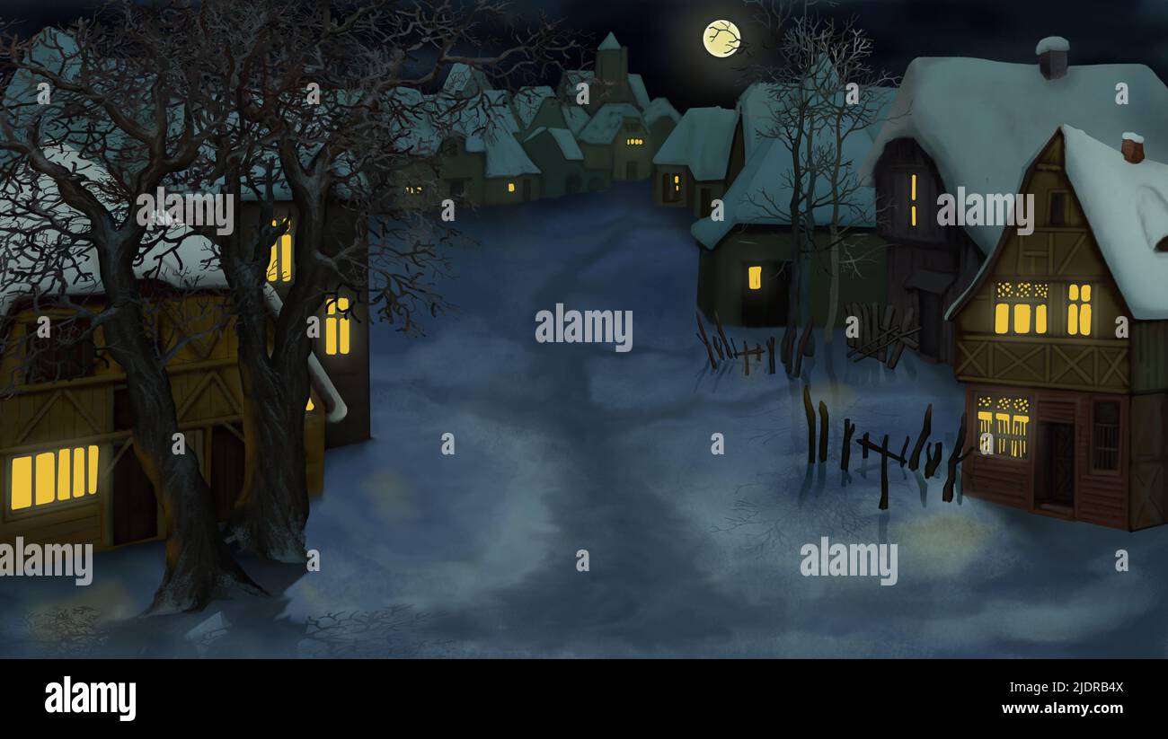 Winter night in a small town. Digital Painting Background, Illustration ...