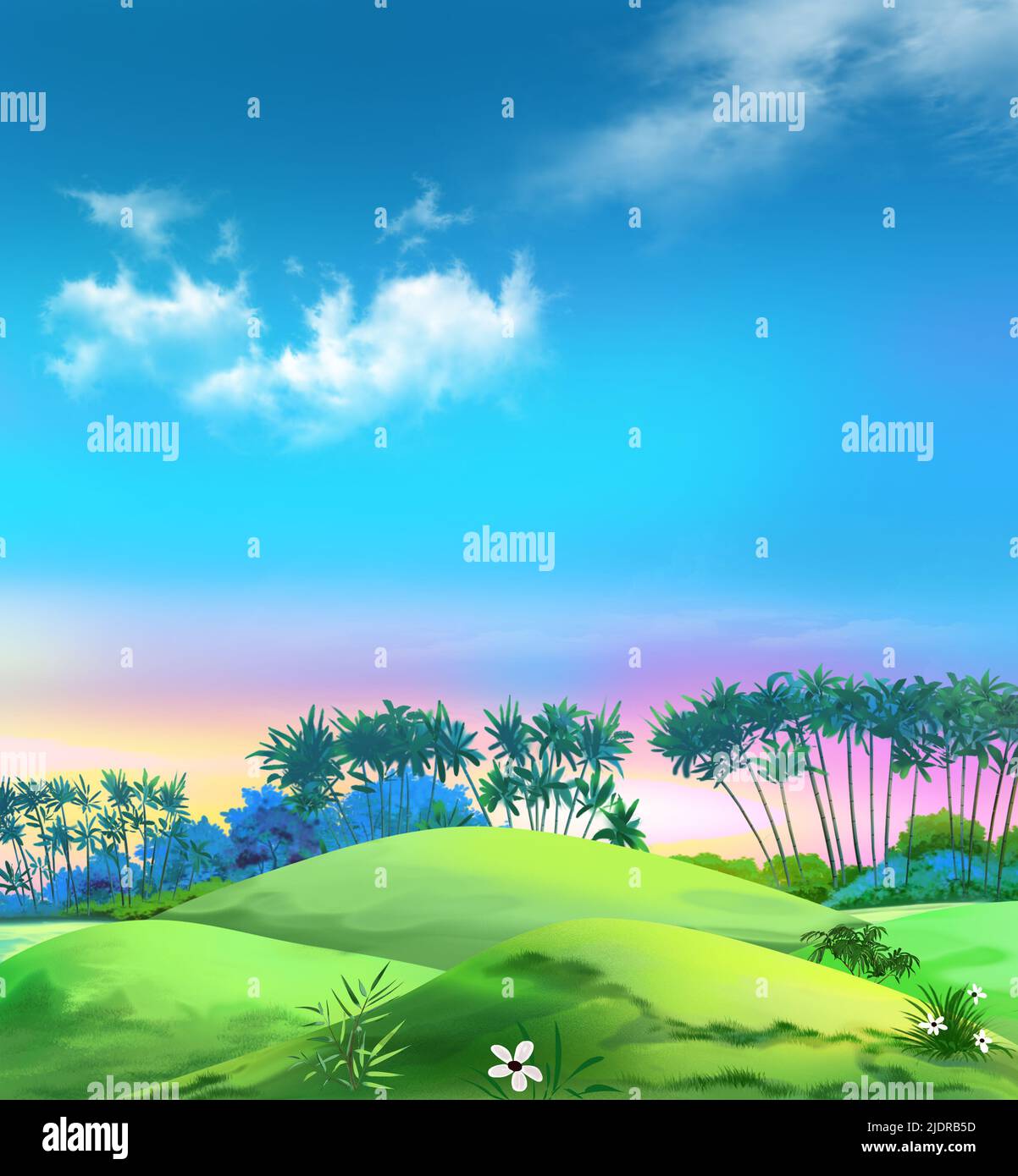 Green hills in the tropic landscape with palm trees. Digital Painting ...