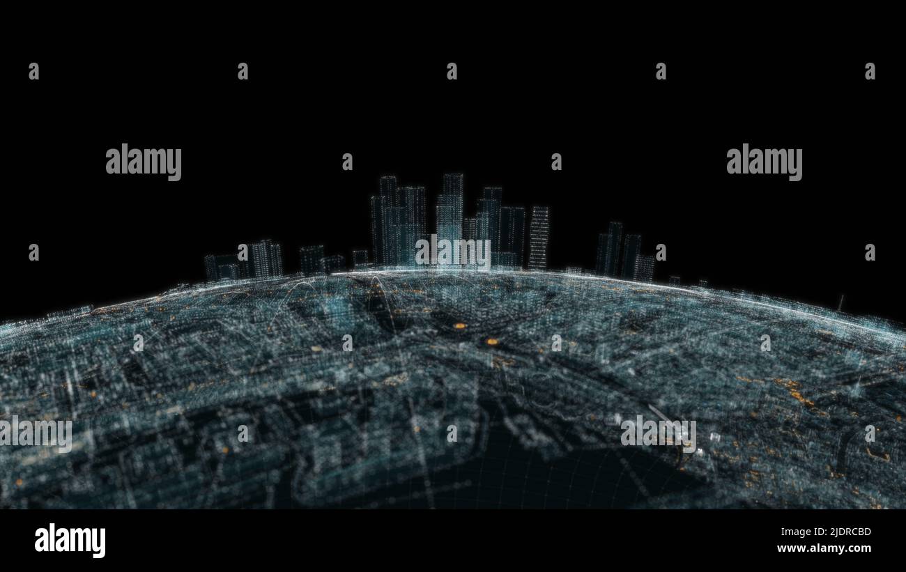 Spectacular aerial view of 3d city with bright glowing roads Stock ...