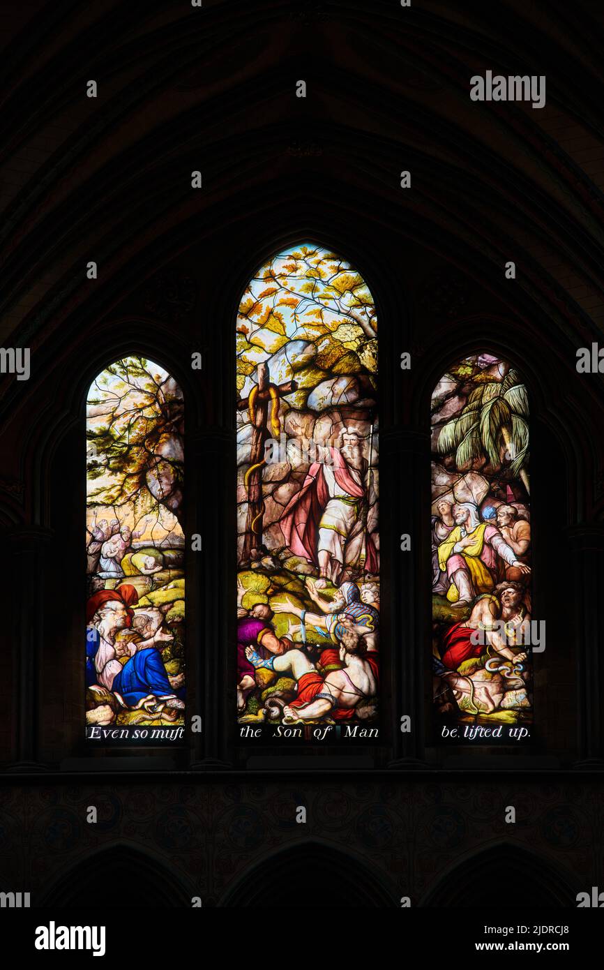 Triptych stained glass window of Moses, at the east end of the ...