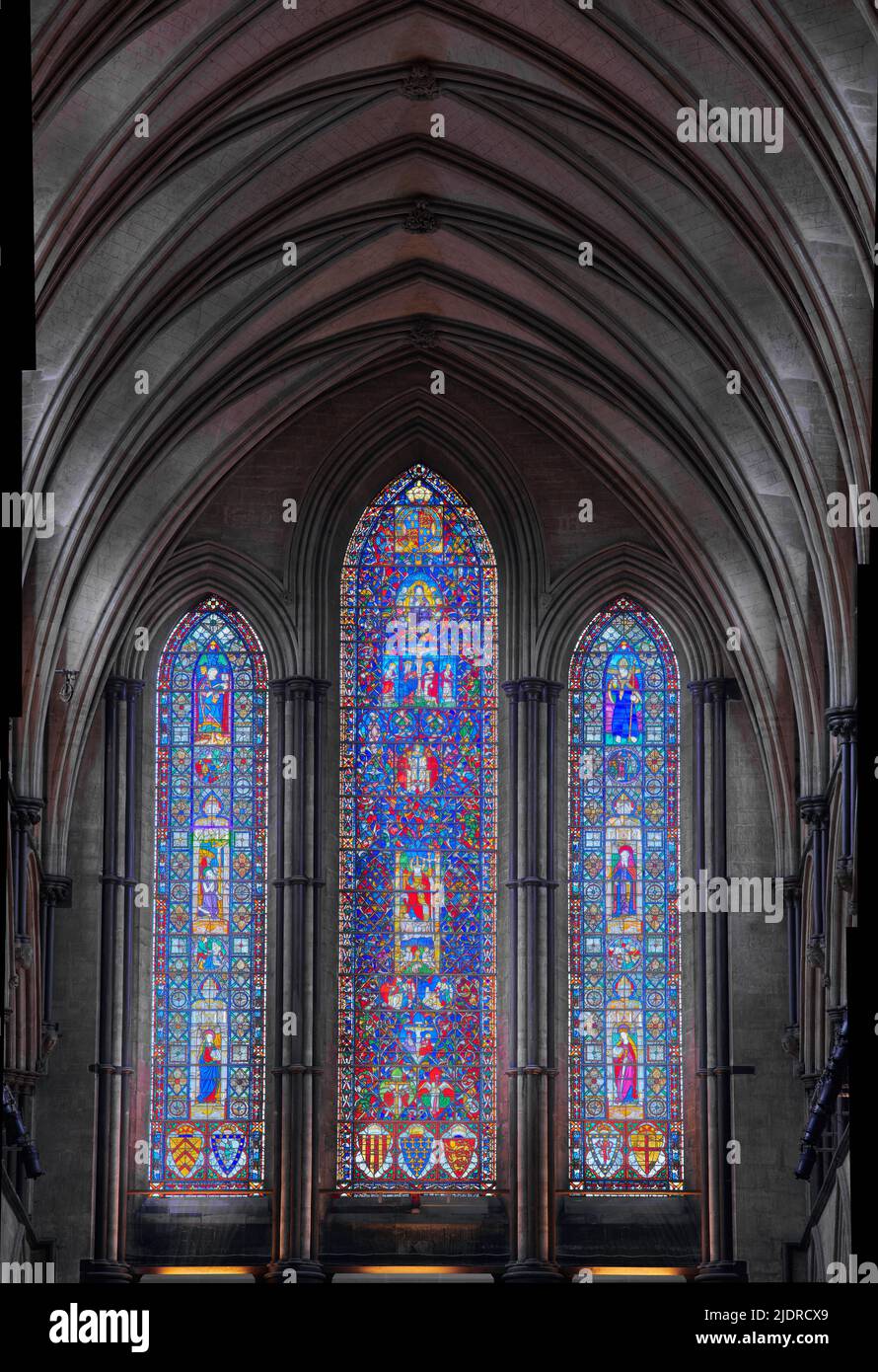 A trio of stained glass windows at the west end of the thirteenth ...